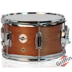 popcorn snare drum by griffin | soprano firecracker 10" x 6" poplar wood shell with hickory pvc | concert percussion musical instrument with drummers kit key & deluxe snare strainer throw off set