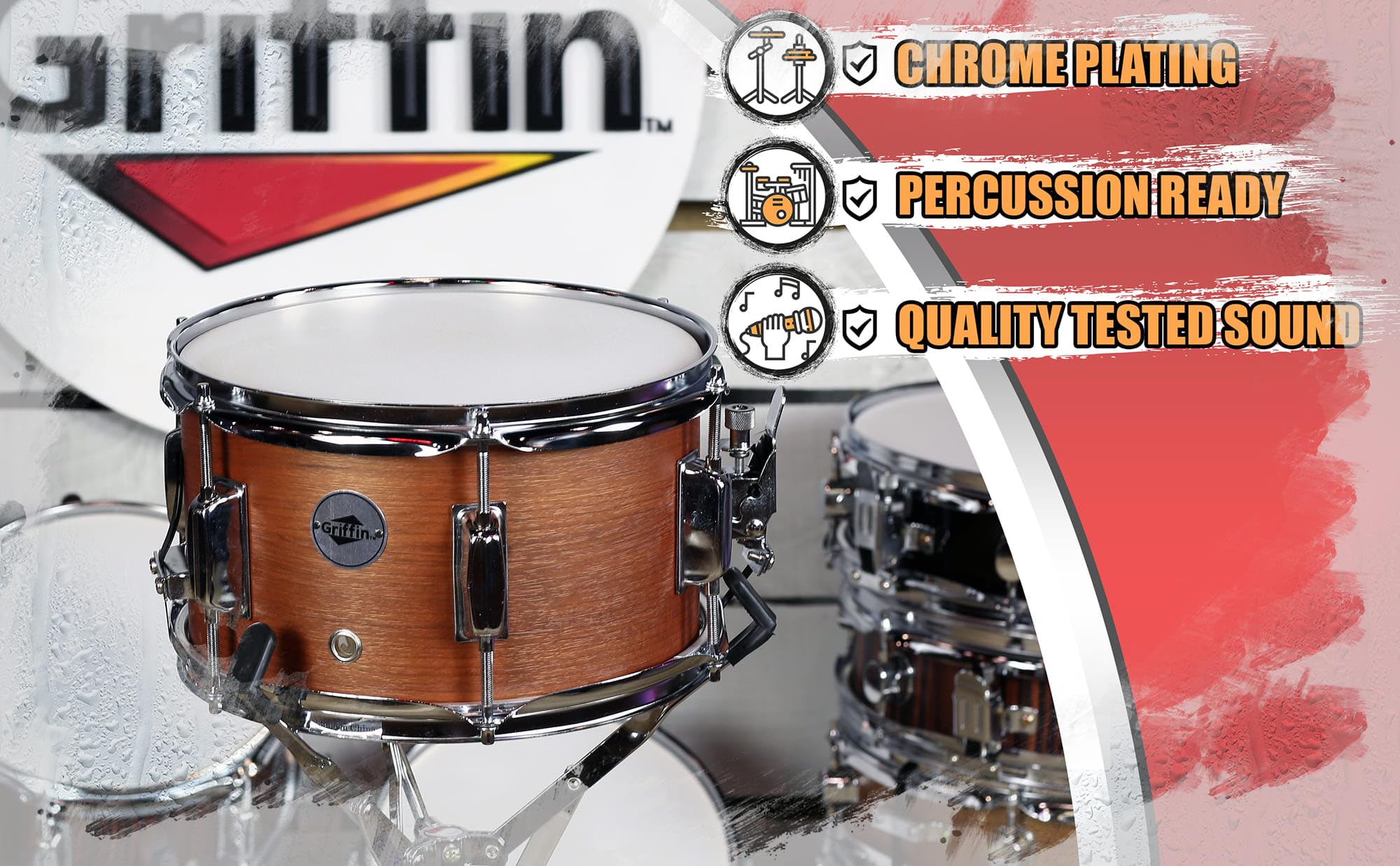 Popcorn Snare Drum by GRIFFIN | Soprano Firecracker 10" x 6" Poplar Wood Shell with Hickory PVC | Concert Percussion Musical Instrument with Drummers Kit Key & Deluxe Snare Strainer Throw Off Set