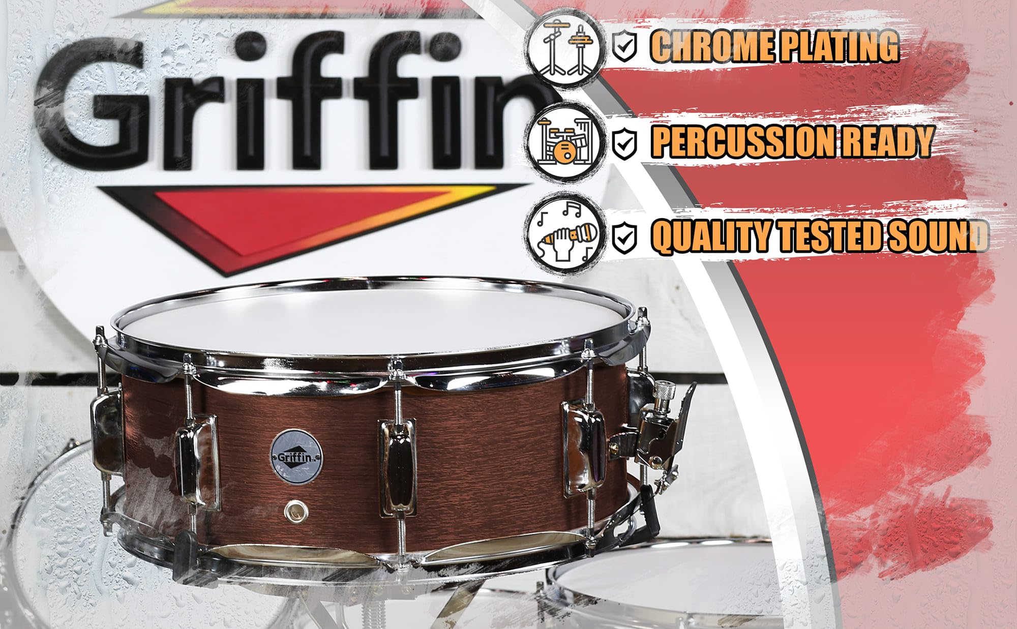 GRIFFIN Snare Drum | Poplar Wood Shell 14" x 5.5" with Flat Hickory PVC | 8 Metal Tuning Lugs & Snare Strainer Throw Off | Percussion Instrument with Drummers Key, Coated Head | Marching Kit Set