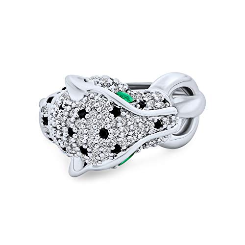 Green Eye Black White Cubic Zirconia CZ Fashion Leopard Panther Cat Statement Ring For Women Silver Plated Brass