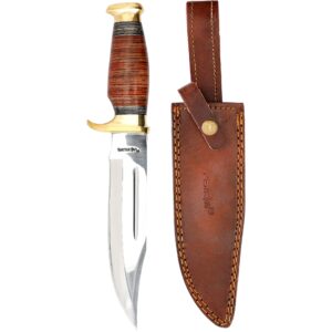 hunting knife with sheath - 12.5" fixed blade knife with leather handle & sheath - 59-60 hrc rated & full tang design hunting knife for survival, fishing, tactical, camping & bushcraft - perkin knives