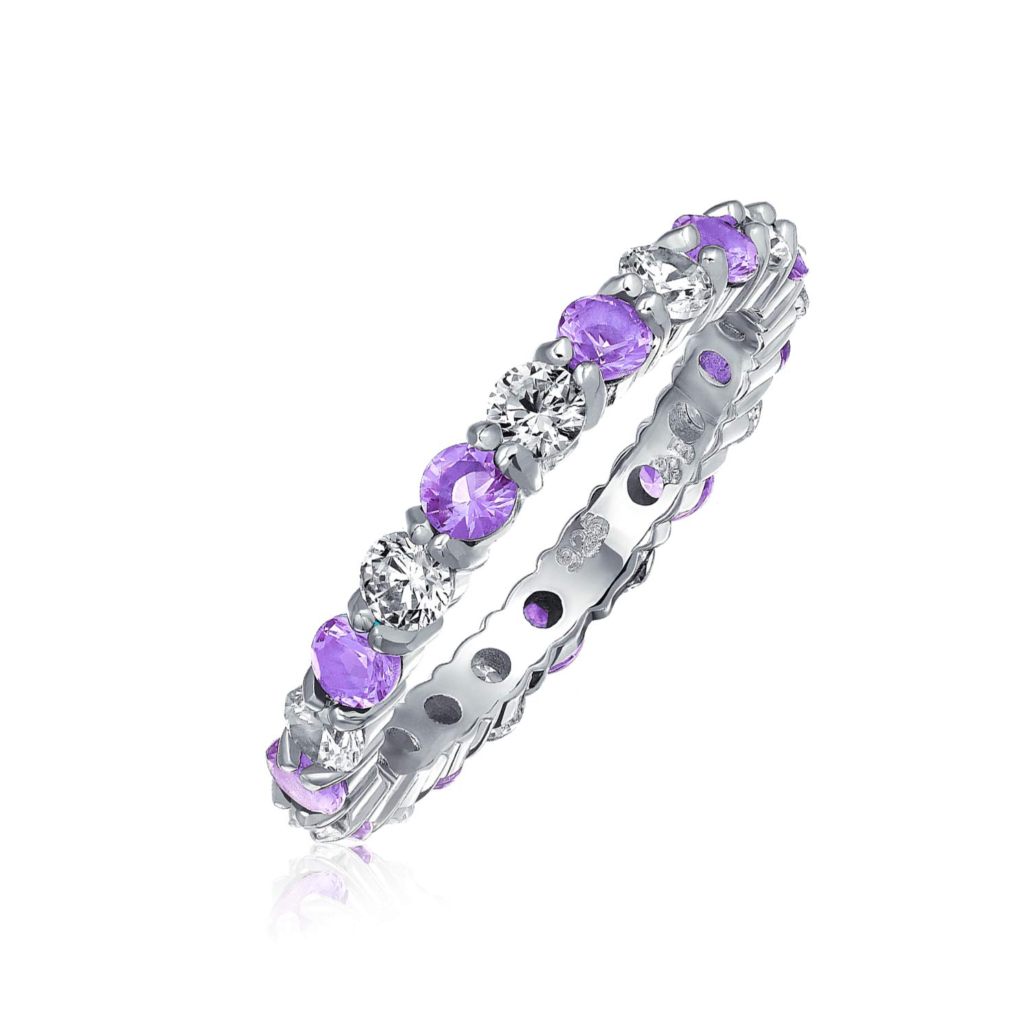 Bling Jewelry Cubic Zirconia Purple White Alternating Stackable CZ Eternity Band Ring For Women Simulated Amethyst .925 Sterling Silver February Birth Month