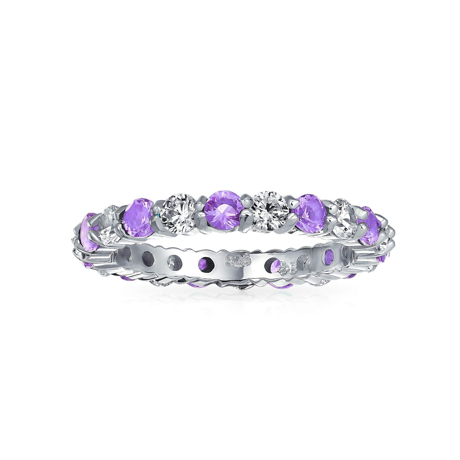 Bling Jewelry Cubic Zirconia Purple White Alternating Stackable CZ Eternity Band Ring For Women Simulated Amethyst .925 Sterling Silver February Birth Month