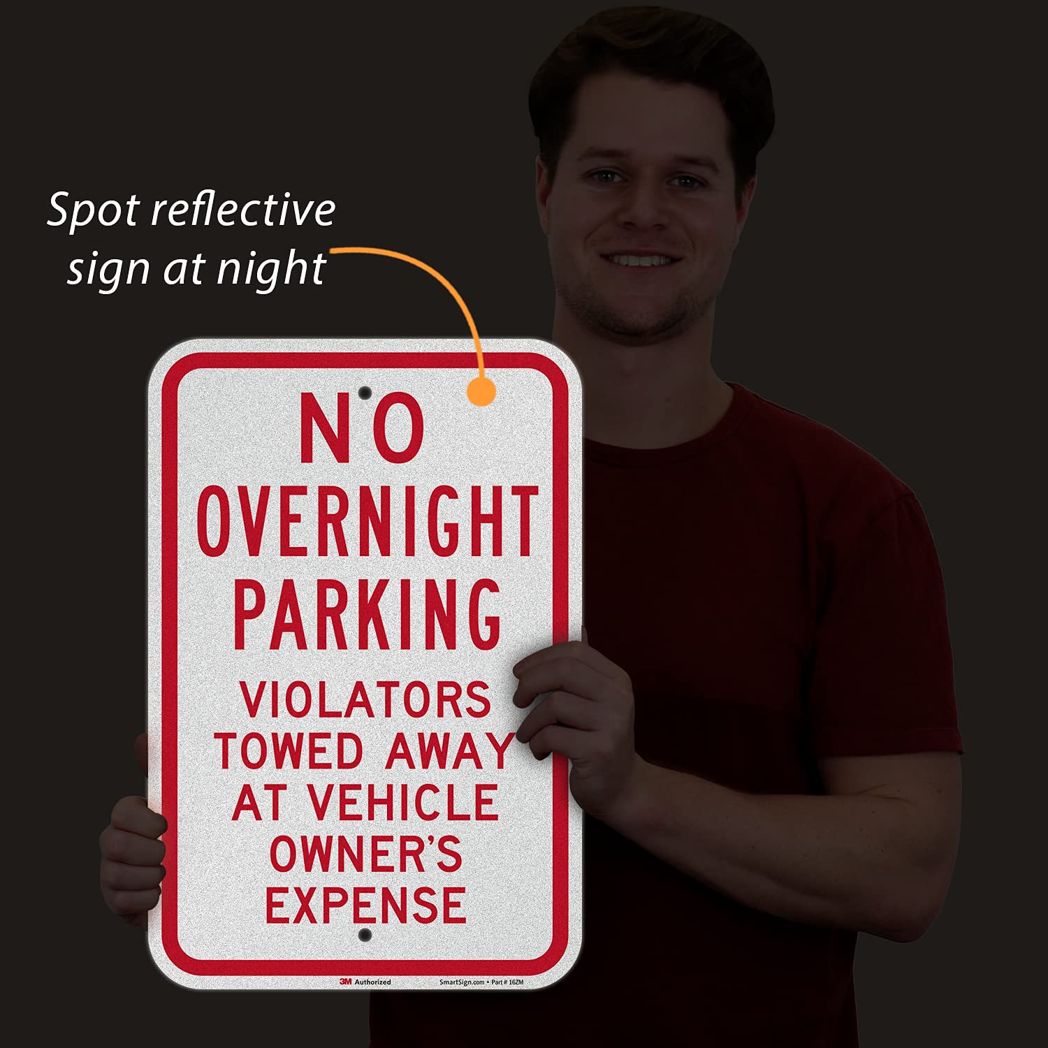 SmartSign 18 x 12 inch “No Overnight Parking - Violators Towed Away At Vehicle Owner's Expense” Metal Sign, 63 mil Aluminum, 3M Laminated Engineer Grade Reflective Material, Red and White