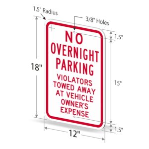 SmartSign 18 x 12 inch “No Overnight Parking - Violators Towed Away At Vehicle Owner's Expense” Metal Sign, 63 mil Aluminum, 3M Laminated Engineer Grade Reflective Material, Red and White