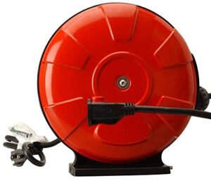 woods 48004 14/3 sjtw metal extension cord reel with locking plug; red; 30-feet; foot; orange