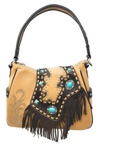 turquoise and fringe western shoulder bag - tan