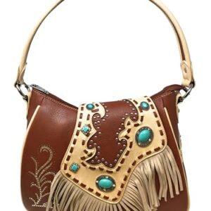 Turquoise and Fringe Western Shoulder Bag - Tan