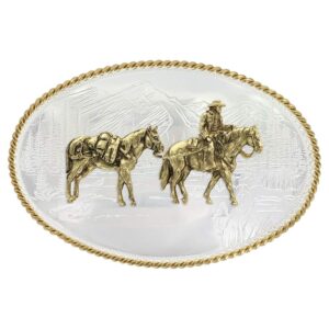 montana silversmiths etched mountains western belt buckle w/ pack horse rider - 6250-35