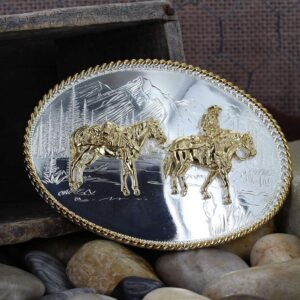 Montana Silversmiths Etched Mountains Western Belt Buckle w/ Pack Horse Rider - 6250-35