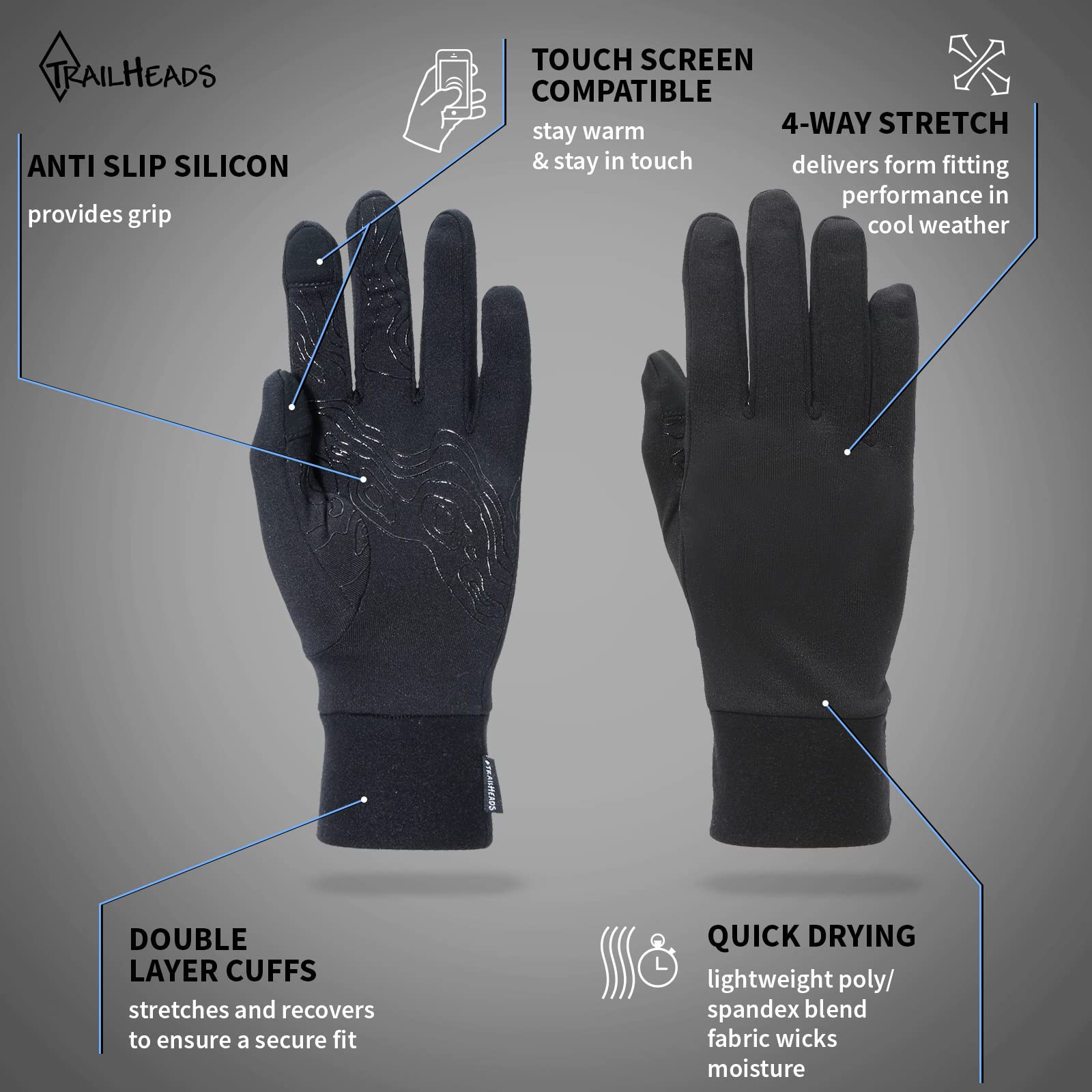 TrailHeads Running Gloves | Lightweight Gloves with Touchscreen Fingers - black (large)