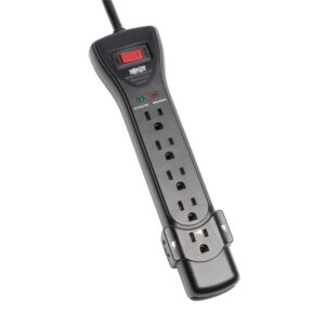 tripp lite 7-outlet surge protector power strip, 7 foot / 2.13m cord, right angle plug, 2160 joules, black & $75,000 insurance (super7b)