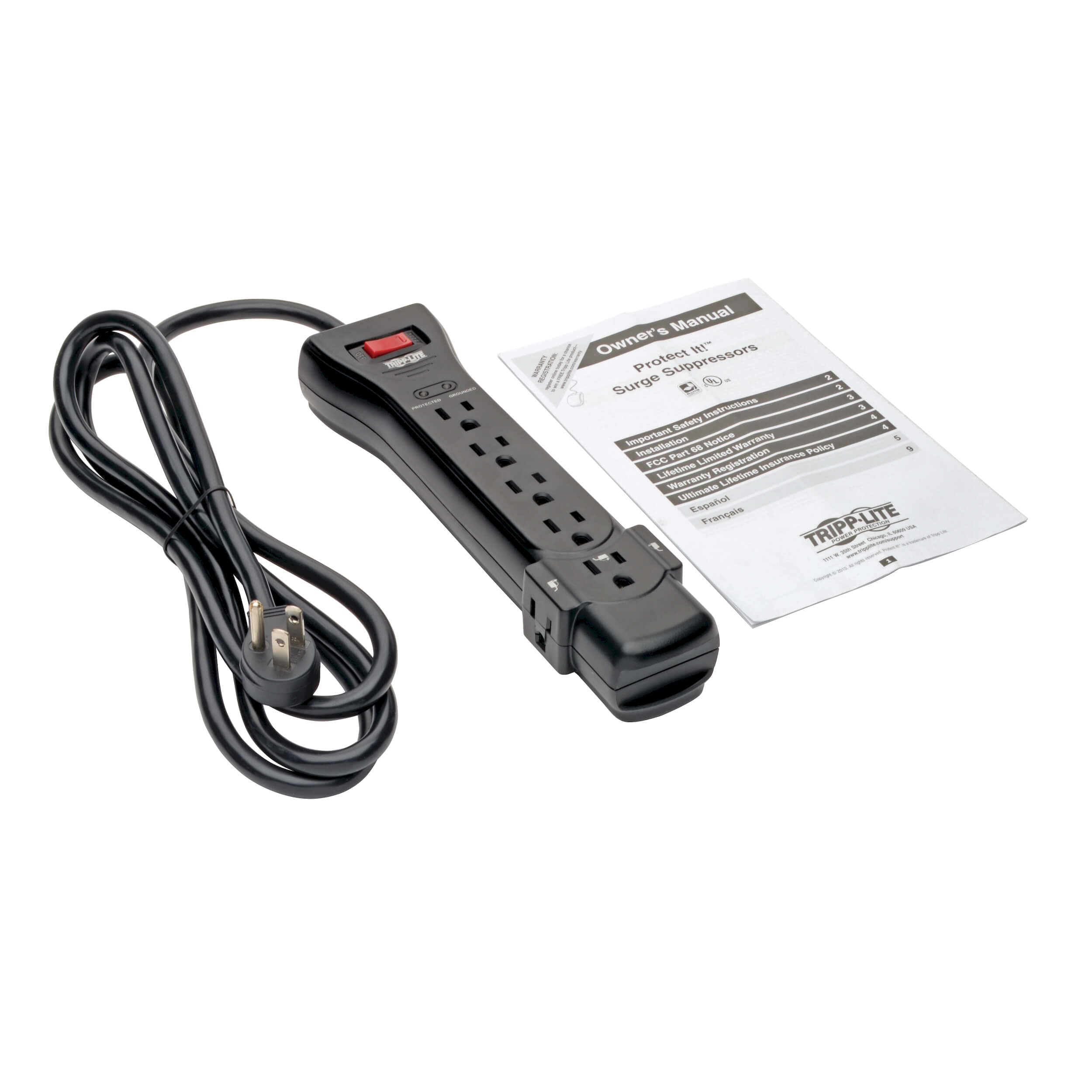 Tripp Lite 7-Outlet Surge Protector Power Strip, 7 Foot / 2.13M Cord, Right Angle Plug, 2160 Joules, Black & $75,000 Insurance (SUPER7B)