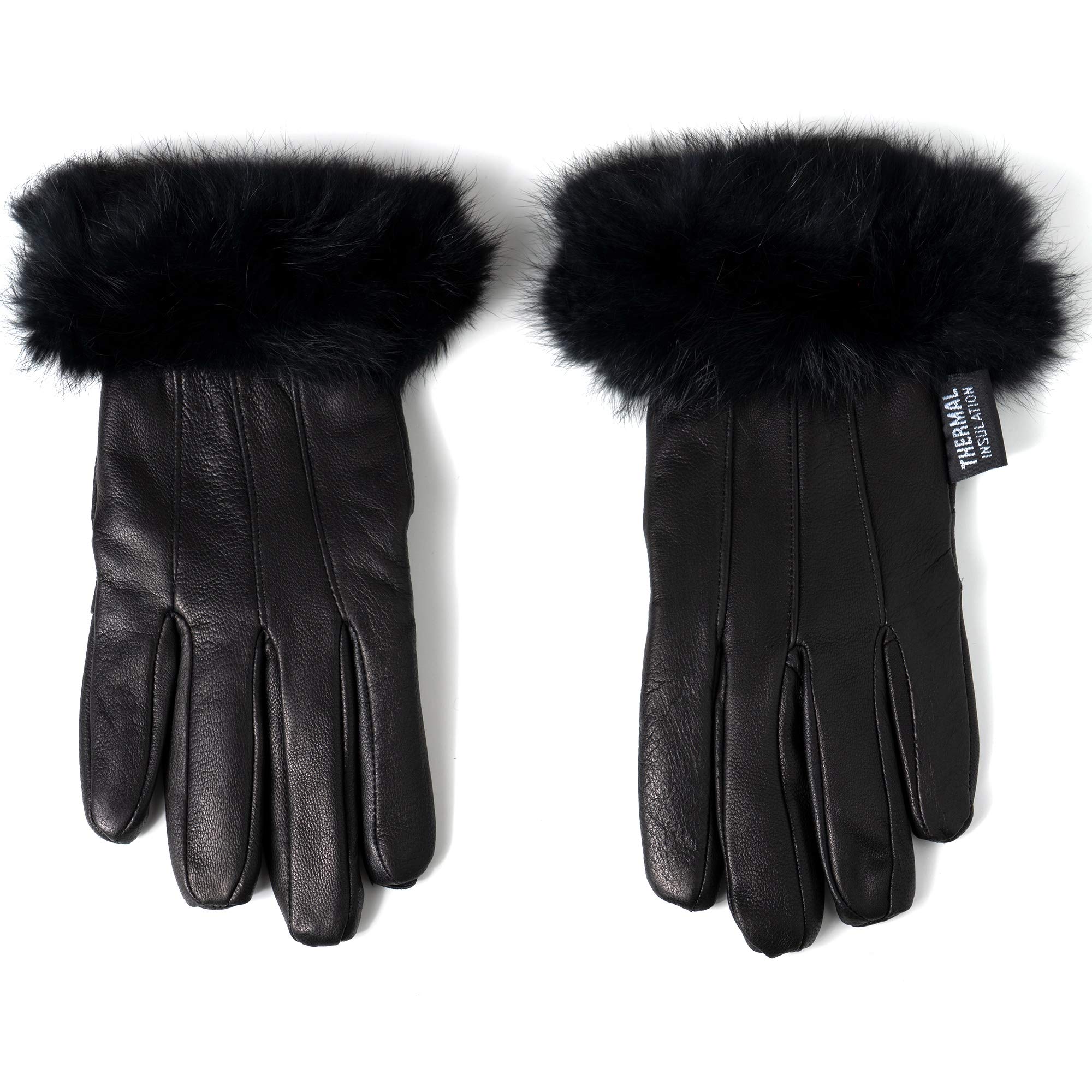 Alpine Swiss Womens Leather Dressy Gloves Faux Fur Trim Cuff Thermal Lining Black Medium