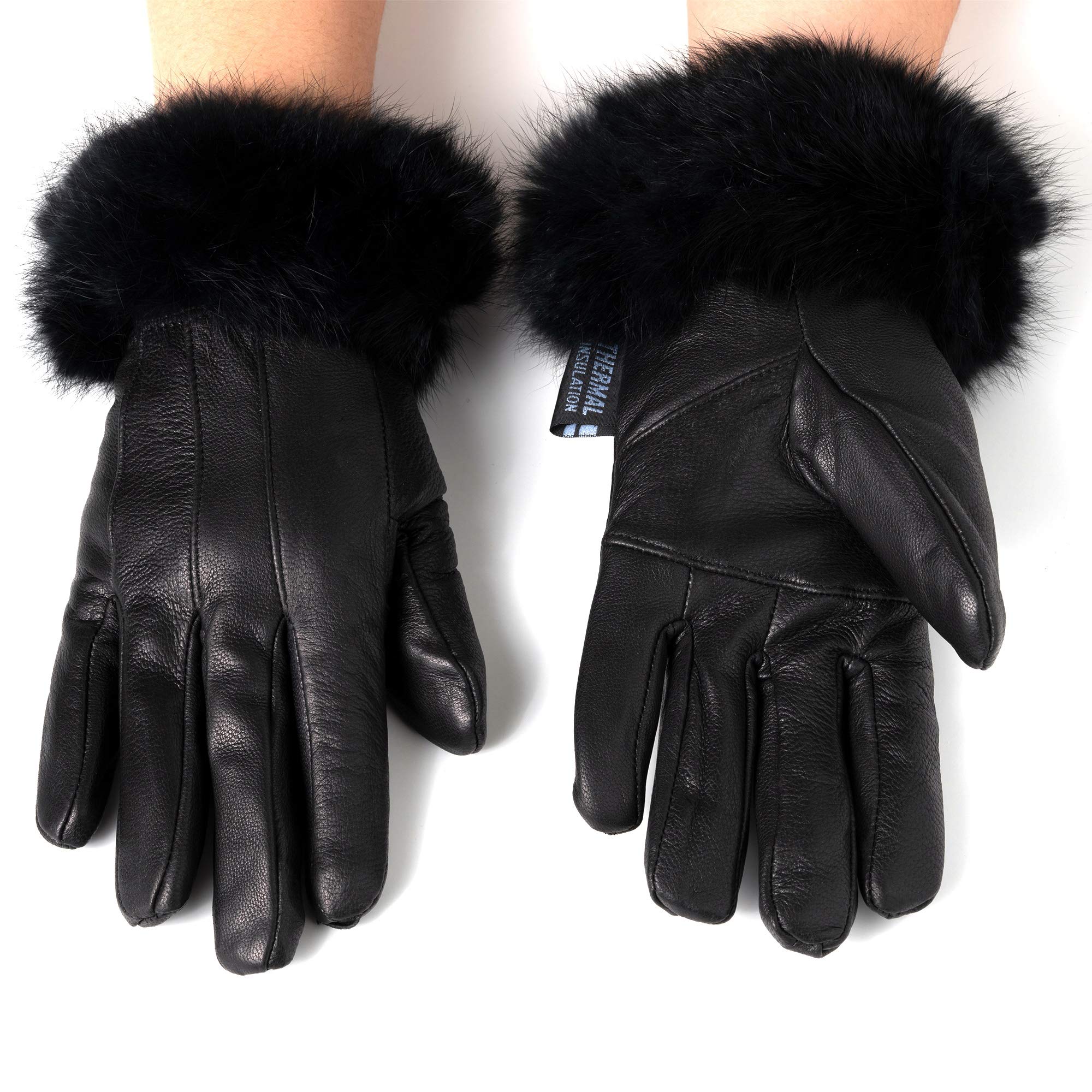 Alpine Swiss Womens Leather Dressy Gloves Faux Fur Trim Cuff Thermal Lining Black Medium