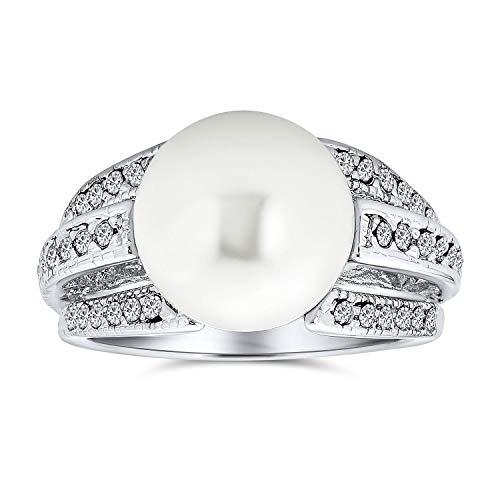 Bling Jewelry Crystal White Simulated Pearl Cocktail Ring Rhodium Plated,Size:6