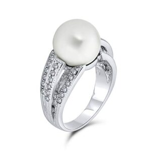 Bling Jewelry Crystal White Simulated Pearl Cocktail Ring Rhodium Plated,Size:6