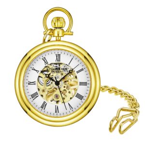 stuhrling original men's pocket watch stainless steel analog skeleton watch hand wind mechanical movement stainless steel chain (silver) (gold)