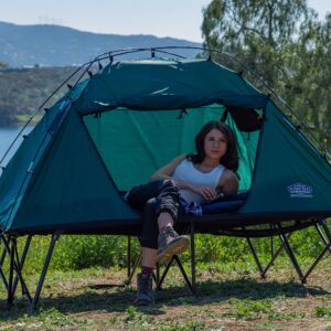 Kamp-Rite Double CTC Compact Quick Setup 2 Person Tent Cot, Chair and Tent with Rain Fly, 600 D Roller Wheeled Carry Bag & 190T Carry Bag, Green