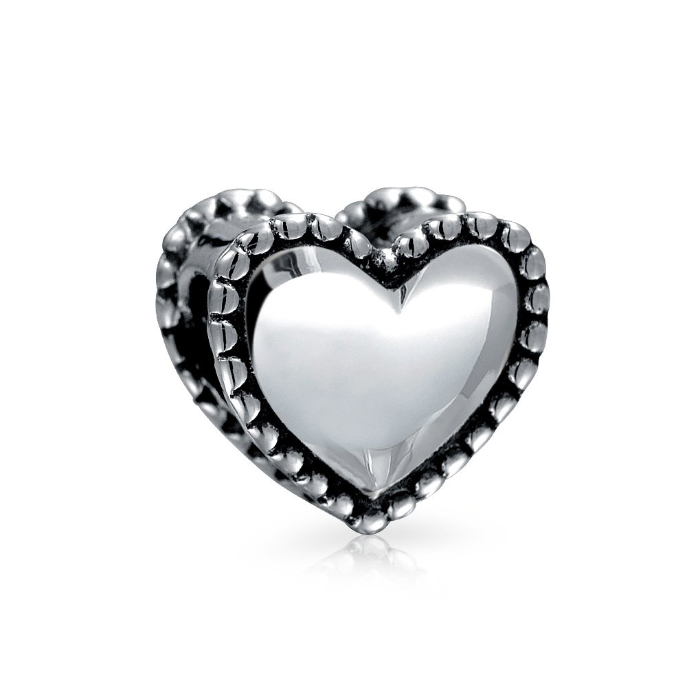 Personalized Monogram Alphabet Initial Milgrain Edge Heart Shape Charm Bead For Women Teen Oxidized .925 Sterling Silver Fits European Bracelet