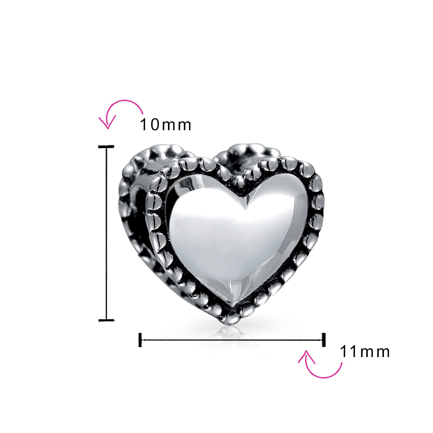 Personalized Monogram Alphabet Initial Milgrain Edge Heart Shape Charm Bead For Women Teen Oxidized .925 Sterling Silver Fits European Bracelet