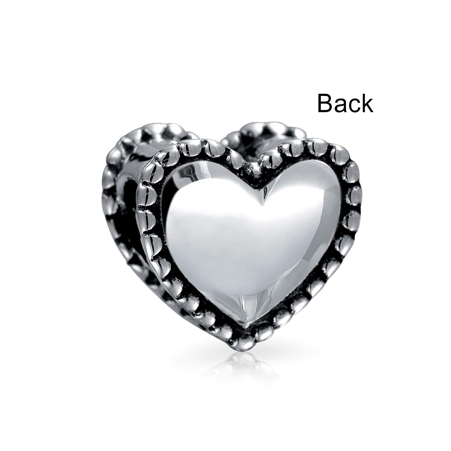 Personalized Monogram Alphabet Initial Milgrain Edge Heart Shape Charm Bead For Women Teen Oxidized .925 Sterling Silver Fits European Bracelet