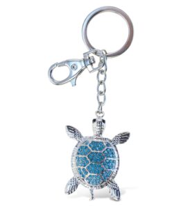 aqua79 blue sea turtle keychain - silver 3d sparkling charm rhinestones fashionable stylish metal alloy durable key ring bling crystal jewelry accessory with clasp