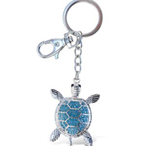 Aqua79 Blue Sea Turtle Keychain - Silver 3D Sparkling Charm Rhinestones Fashionable Stylish Metal Alloy Durable Key Ring Bling Crystal Jewelry Accessory with Clasp