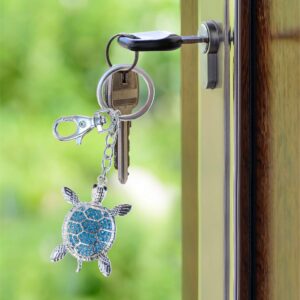 Aqua79 Blue Sea Turtle Keychain - Silver 3D Sparkling Charm Rhinestones Fashionable Stylish Metal Alloy Durable Key Ring Bling Crystal Jewelry Accessory with Clasp