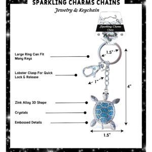 Aqua79 Blue Sea Turtle Keychain - Silver 3D Sparkling Charm Rhinestones Fashionable Stylish Metal Alloy Durable Key Ring Bling Crystal Jewelry Accessory with Clasp