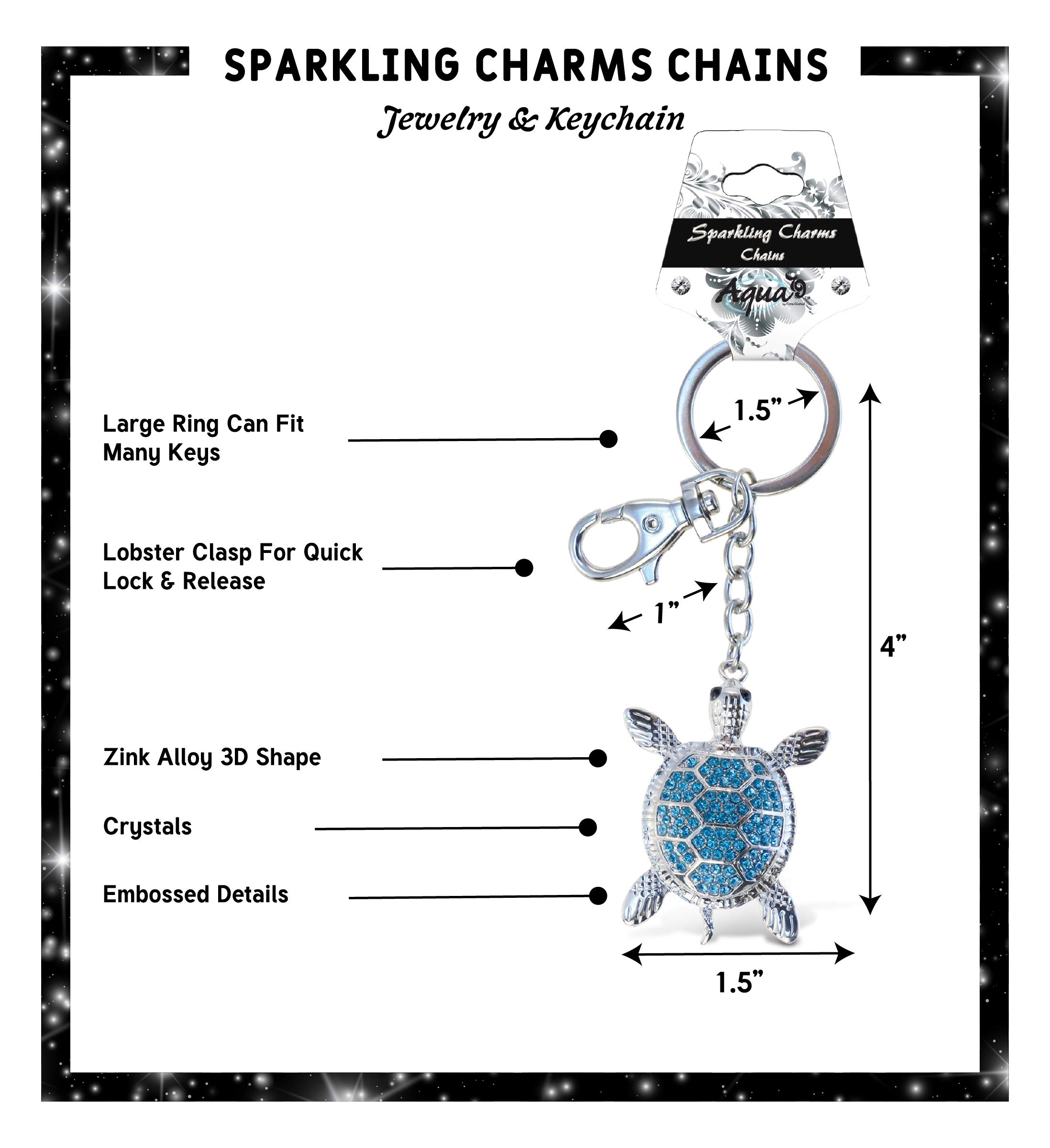 Aqua79 Blue Sea Turtle Keychain - Silver 3D Sparkling Charm Rhinestones Fashionable Stylish Metal Alloy Durable Key Ring Bling Crystal Jewelry Accessory with Clasp