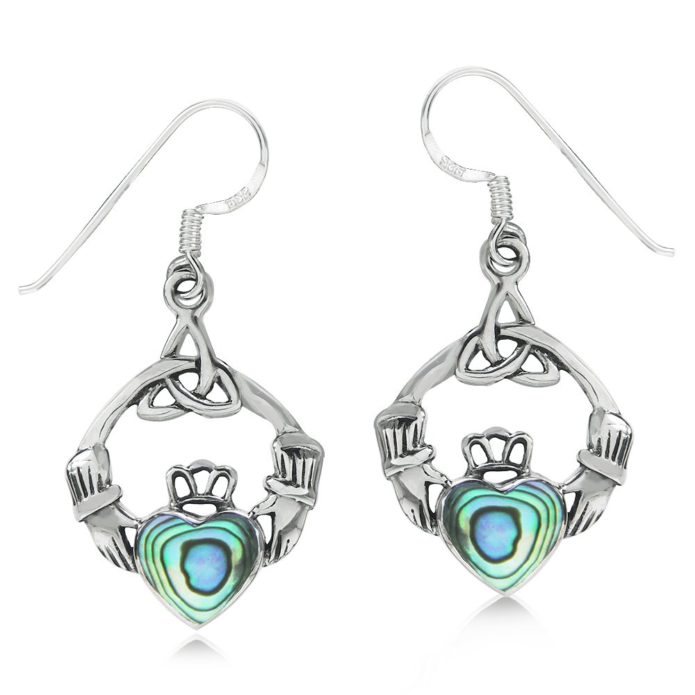 Silvershake Abalone Paua Shell 925 Sterling Silver Triquetra Celtic Knot Claddagh Dangle Hook Earrings