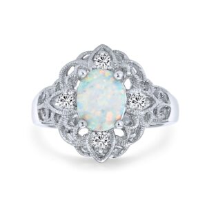 bling jewelry vintage style cubic zirconia ornate filigree oval flower white created opal boho full finger ring .925 sterling silver