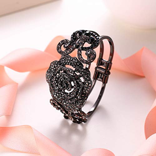 EVER FAITH Black-Tone Insect Butterfly Rose Bracelet Black Austrian Crystal