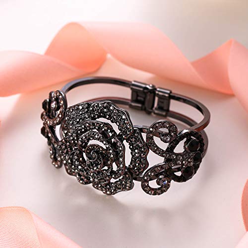 EVER FAITH Black-Tone Insect Butterfly Rose Bracelet Black Austrian Crystal