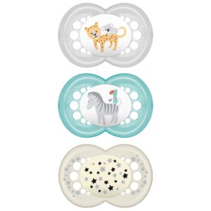 mam original day & night baby pacifier, nipple shape helps promote healthy oral development, glows in the dark, 6-16 months, unisex,3 count (pack of 1)