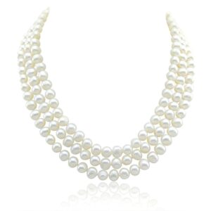 3-row white a grade freshwater cultured pearl necklace (6.5-7.5 mm) with rhodium plated base metal clasp, 16.5", 17"/18"