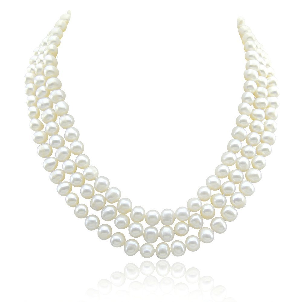 3-row White A Grade Freshwater Cultured Pearl Necklace (6.5-7.5 mm) With rhodium plated base metal Clasp, 16.5", 17"/18"