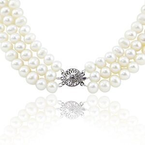 3-row White A Grade Freshwater Cultured Pearl Necklace (6.5-7.5 mm) With rhodium plated base metal Clasp, 16.5", 17"/18"