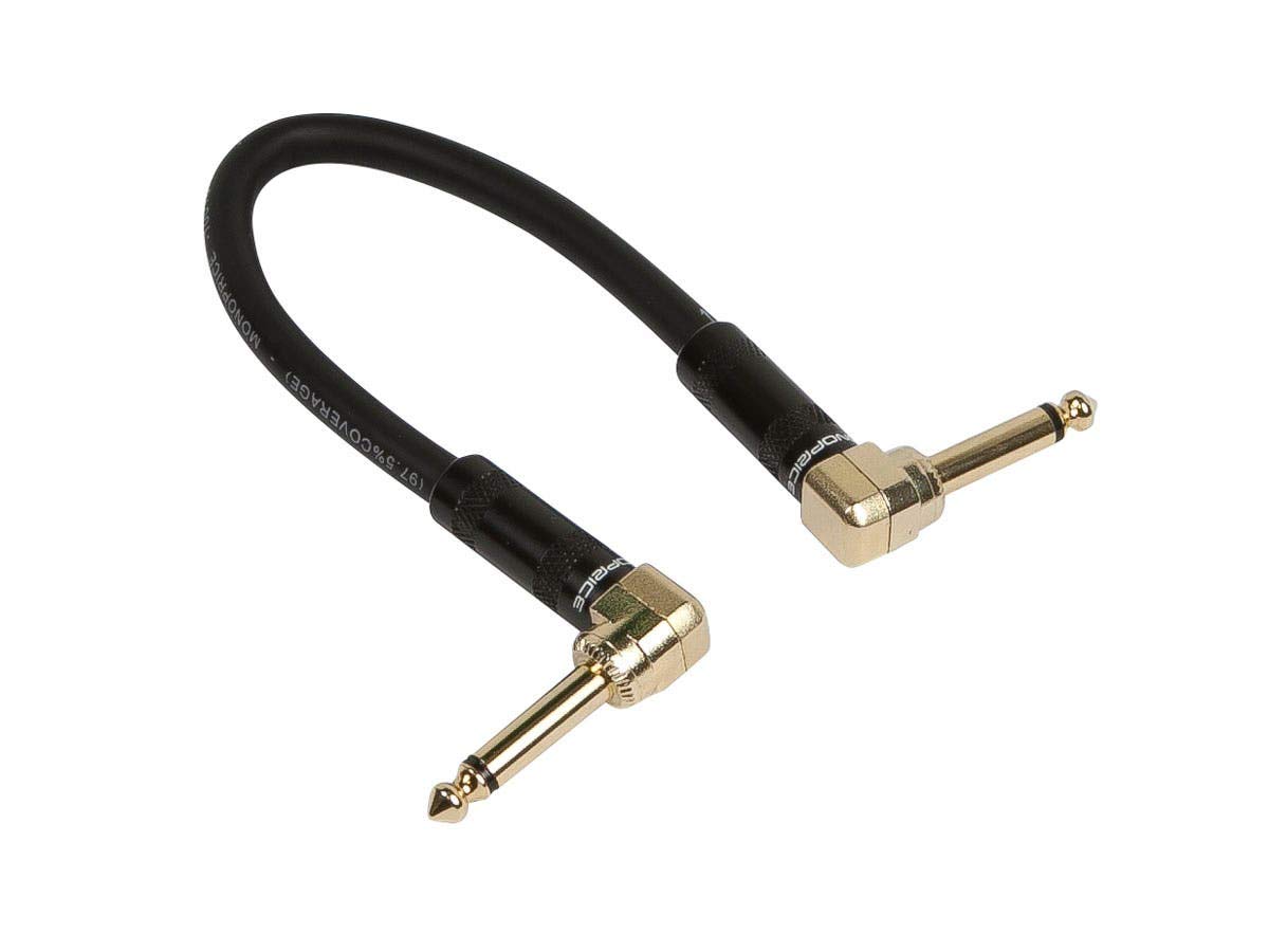 Monoprice 1/4-Inch TS Male to 1/4-Inch TS Male Guitar Pedal Patch Cable With Right Angle Connectors - 0.67 Feet - Black, 16AWG - Premier Series