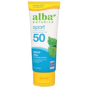 alba botanica sunscreen lotion, sport, spf 50, fragrance free, 3 oz (packaging may vary)