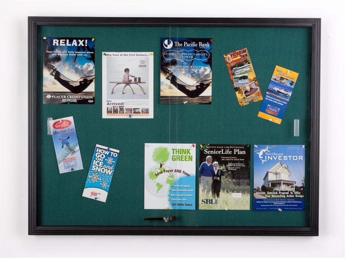 4 x 3 Foot Teal Fabric Tack board for Wall Mount Use, Locking Sliding Glass Door, 48 x 36 Inch Enclosed Bulletin Board for Indoor Use - Black Aluminum with Teal Fabric