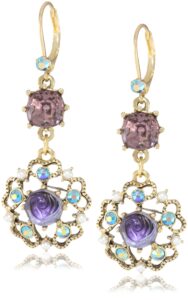 betsey johnson carved flower medallion & crystal gem drop earrings,purple