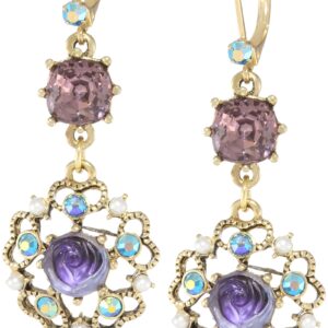 Betsey Johnson Carved Flower Medallion & Crystal Gem Drop Earrings,Purple