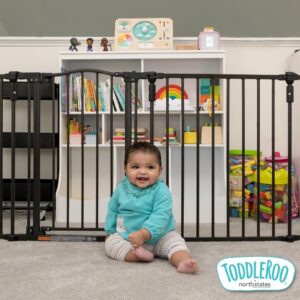 toddleroo by north states 3 in 1 arched decor metal superyard 6 panel play yard, baby gate, playpen or baby fence, 151" wide. wall mount kit included. 10 sq ft play yard (30" tall, matte bronze)