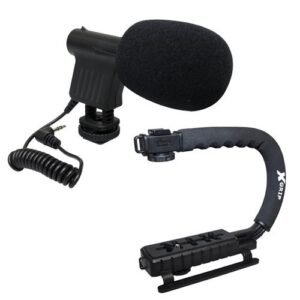 opteka vm-8 mini-shotgun microphone x-grip professional camera/camcorder action stabilizing handle with accessory shoe for flash, mic, or video light