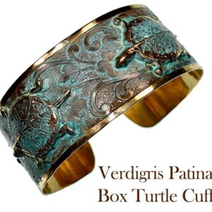 Elaine Coyne Collectible Artwear Verdigris Patina Brass Classic Box Turtle Cuff Bracelet - USA Made