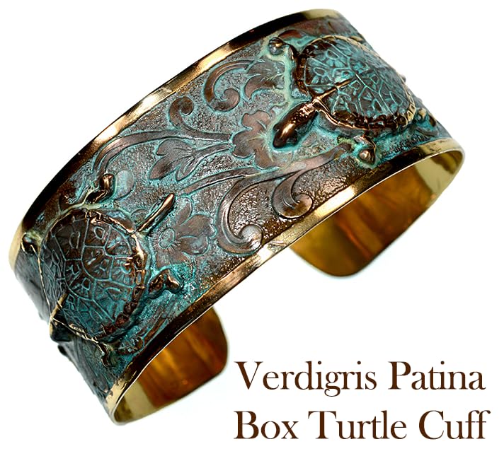 Elaine Coyne Collectible Artwear Verdigris Patina Brass Classic Box Turtle Cuff Bracelet - USA Made