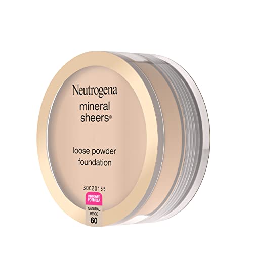 Neutrogena Mineral Sheers Lightweight Loose Powder Makeup Foundation with Vitamins A, C, & E, Sheer to Medium Buildable Coverage, Skin Tone Enhancer, Face Redness Reducer, Natural Beige 60,.19 oz