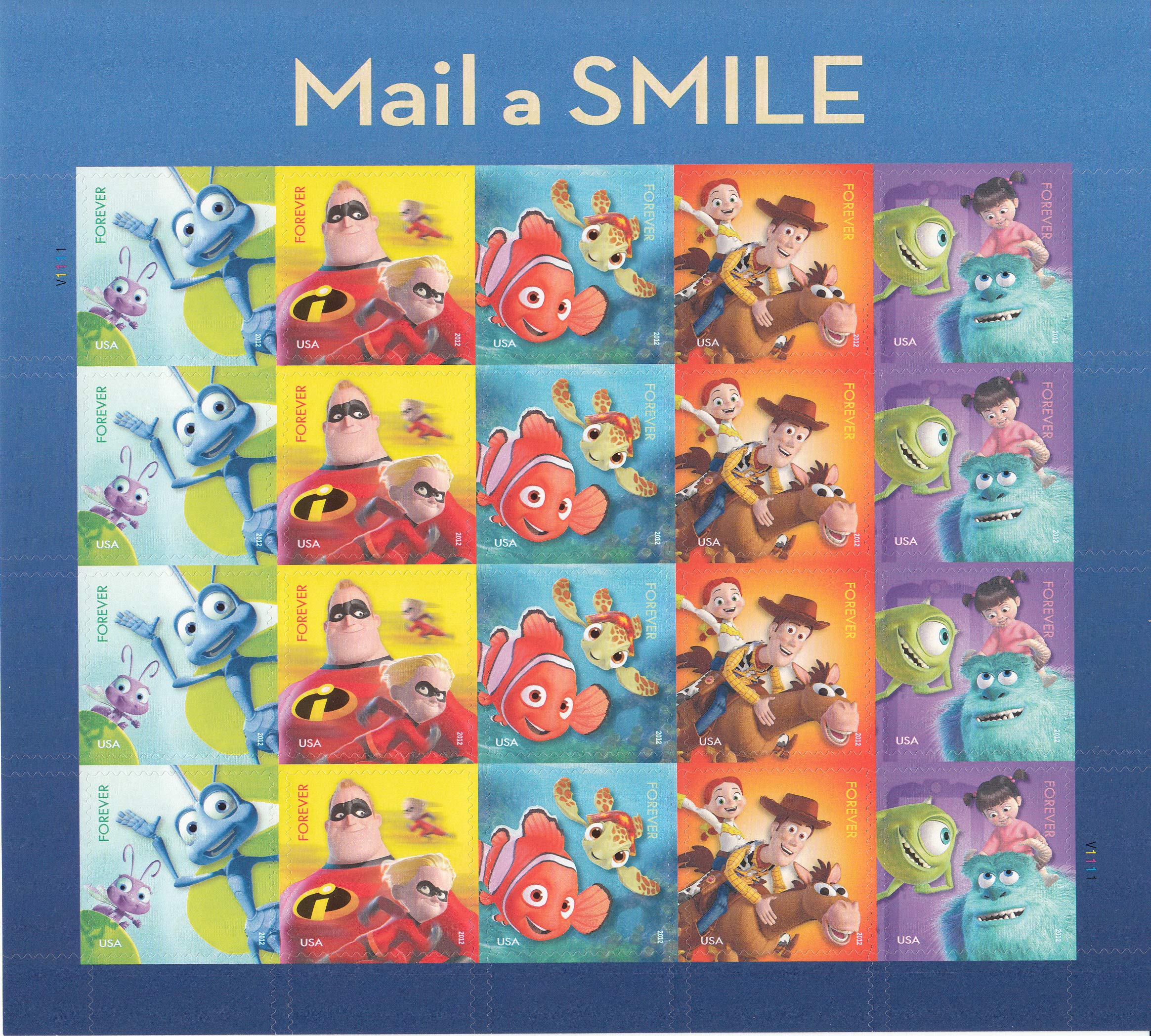 USPS Forever Stamps Disney Pixar Mail a Smile - Sheet of 20 Stamps